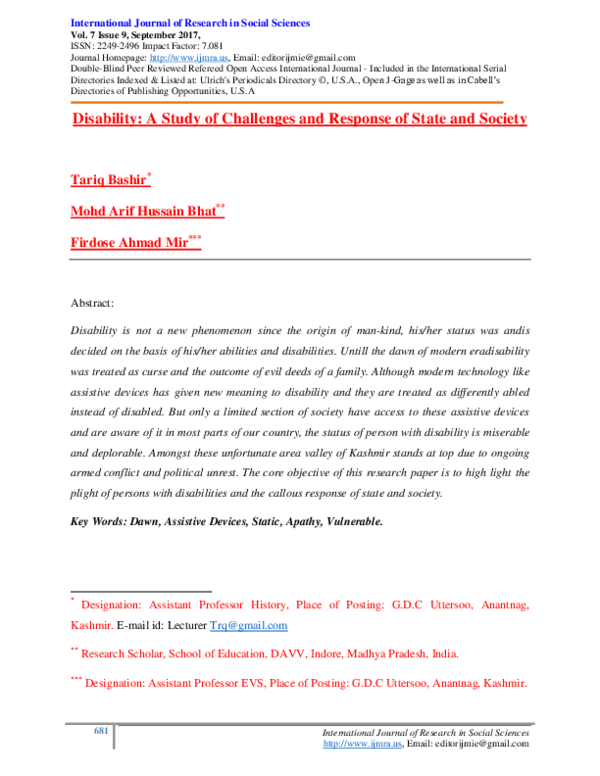 (PDF) Disability: A Study of Challenges and Response of State and ...
