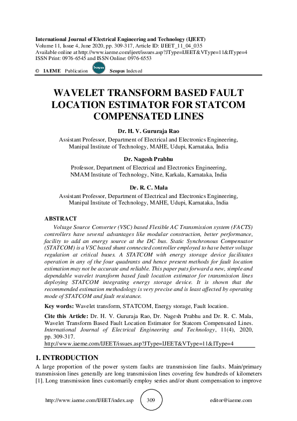 (PDF) WAVELET TRANSFORM BASED FAULT LOCATION ESTIMATOR FOR STATCOM COMPENSATED LINES