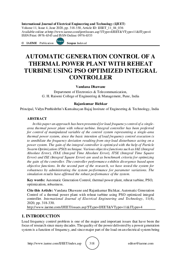 Pdf Automatic Generation Control Of A Thermal Power Plant With Reheat Turbine Using Pso