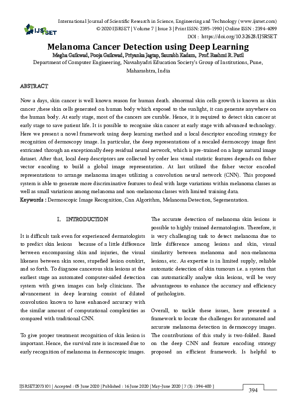 (PDF) Melanoma Cancer Detection using Deep Learning