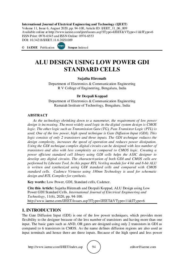 (PDF) ALU DESIGN USING LOW POWER GDI STANDARD CELLS