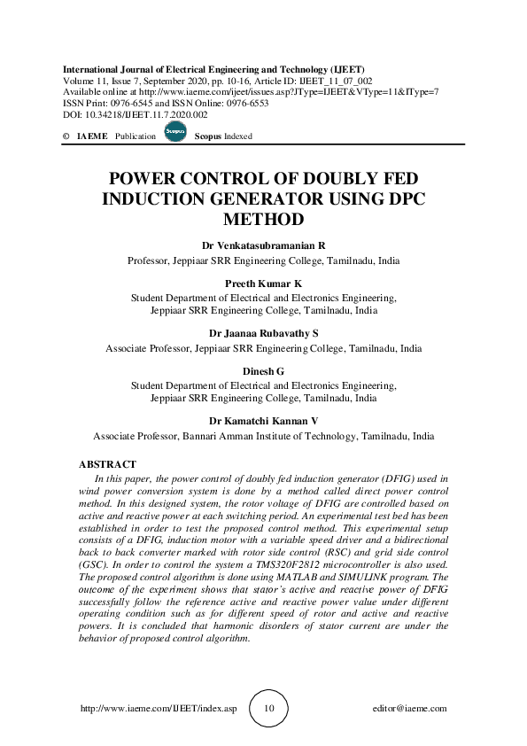 (PDF) POWER CONTROL OF DOUBLY FED INDUCTION GENERATOR USING DPC METHOD