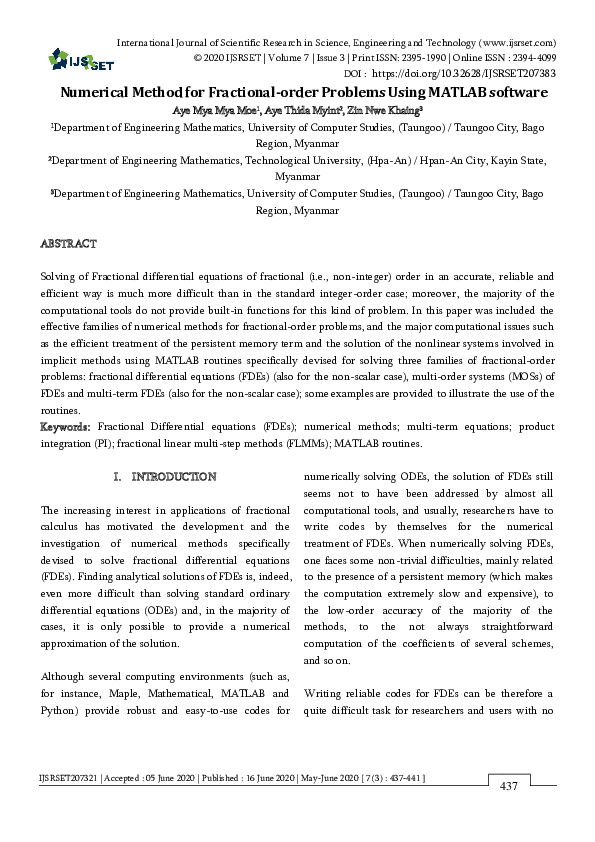 Pdf Numerical Method For Fractional Order Problems Using Matlab Software