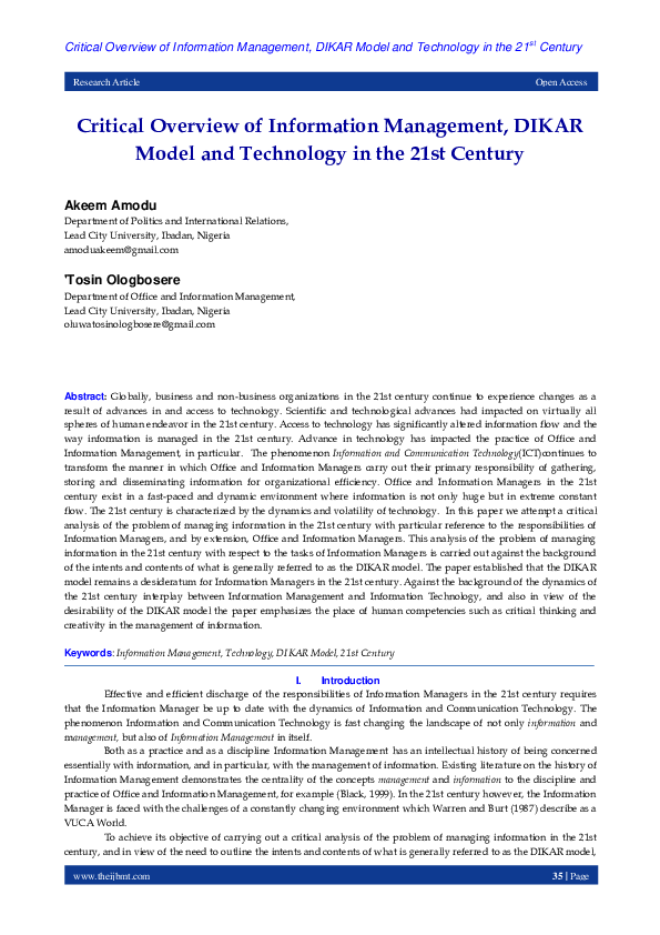 (PDF) Critical Overview of Information Management, DIKAR Model and ...