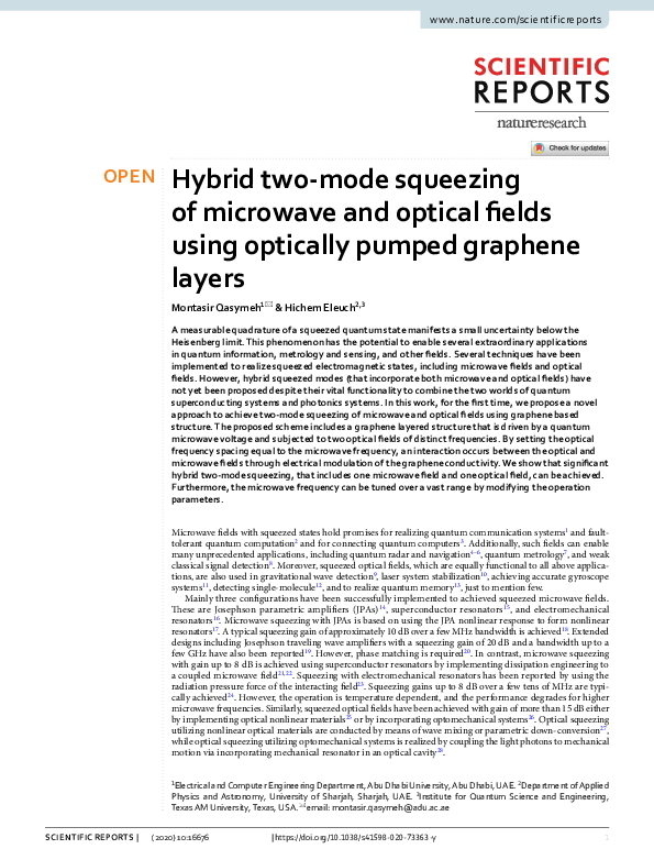 (PDF) Hybrid two-mode squeezing of microwave and optical fields using optically pumped graphene ...