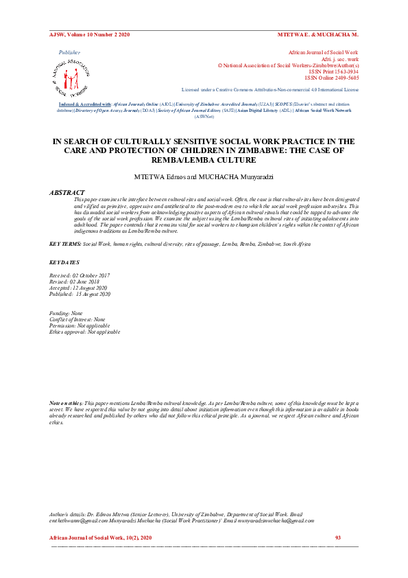 (PDF) IN SEARCH OF CULTURALLY SENSITIVE SOCIAL WORK PRACTICE IN THE ...