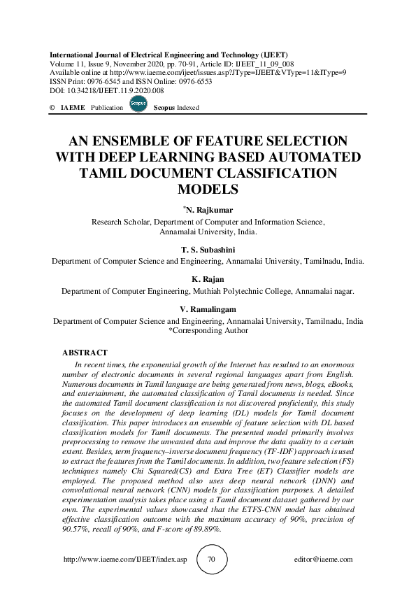 Pdf An Ensemble Of Feature Selection With Deep Learning Based Automated Tamil Document