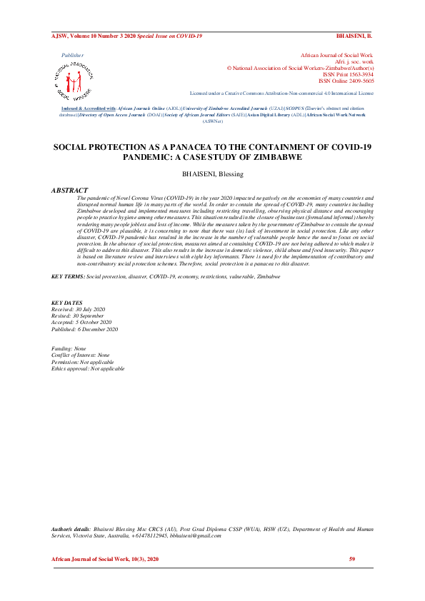 (PDF) SOCIAL PROTECTION AS A PANACEA TO THE CONTAINMENT OF COVID-19 ...