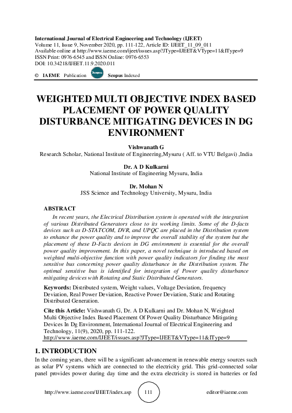(PDF) WEIGHTED MULTI OBJECTIVE INDEX BASED PLACEMENT OF POWER QUALITY DISTURBANCE MITIGATING ...