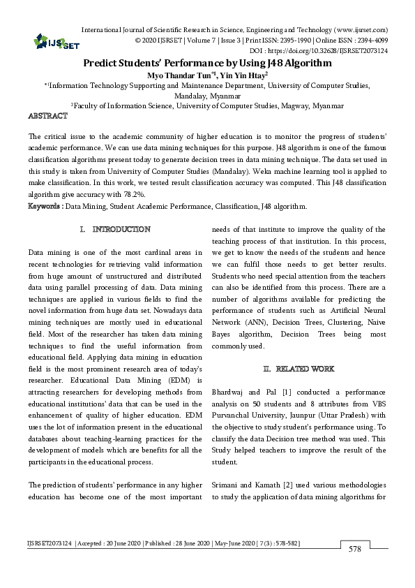 (PDF) Predict Students' Performance by Using J48 Algorithm
