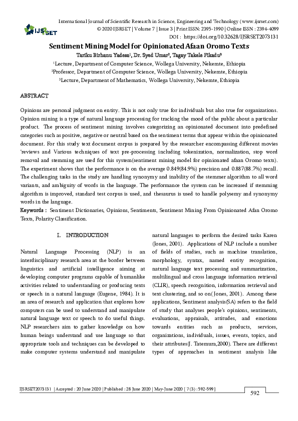 (PDF) Sentiment Mining Model for Opinionated Afaan Oromo Texts