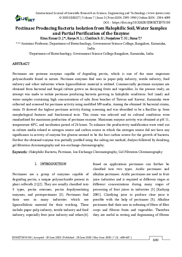(PDF) Pectinase Producing Bacteria Isolation from Halophilic Soil, Water Samples and Partial ...