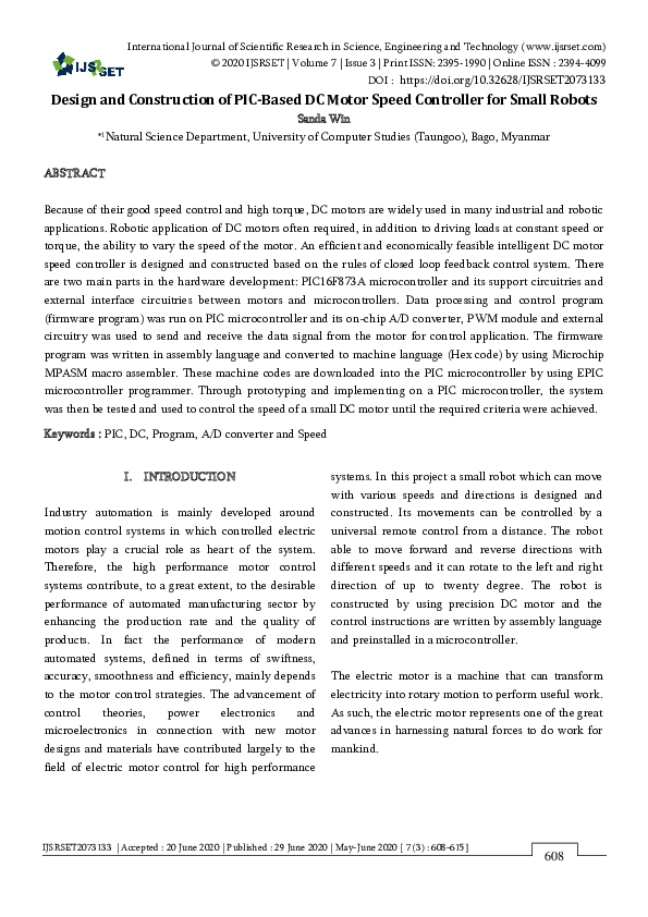 Pdf Design And Construction Of Pic Based Dc Motor Speed Controller For Small Robots