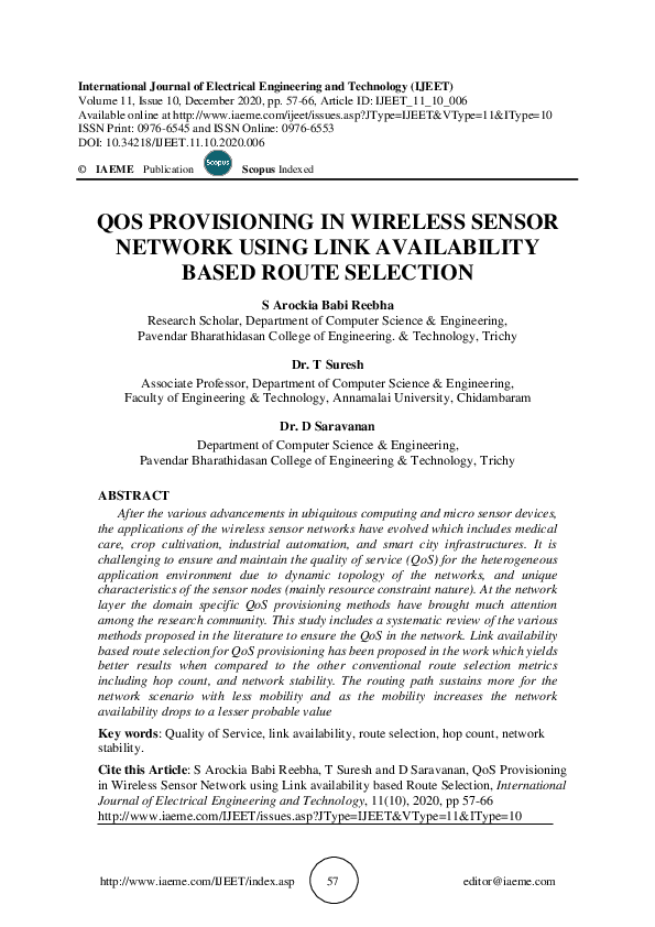 Pdf Qos Provisioning In Wireless Sensor Network Using Link Availability Based Route Selection