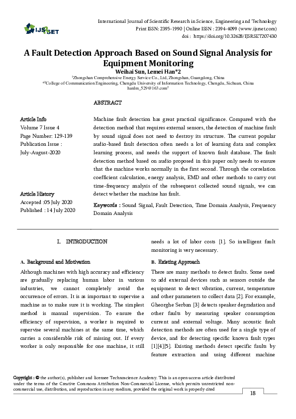 Pdf A Fault Detection Approach Based On Sound Signal Analysis For 6210