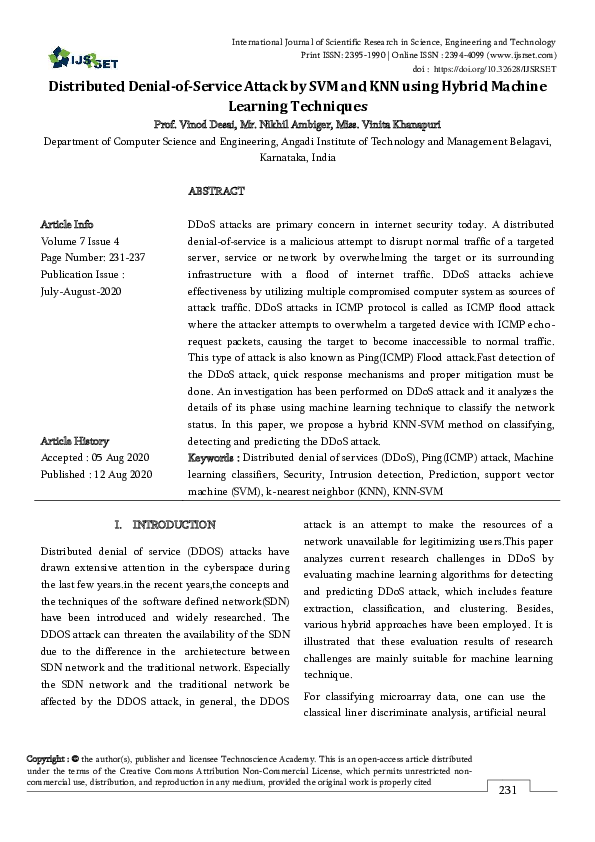 Pdf Distributed Denial Of Service Attack By Svm And Knn Using Hybrid
