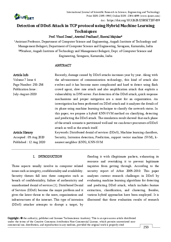(PDF) Detection of DDoS Attack in TCP protocol using Hybrid Machine Learning Techniques