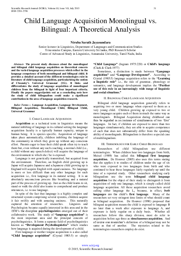 (PDF) Child Language Acquisition Monolingual vs. Bilingual: A ...