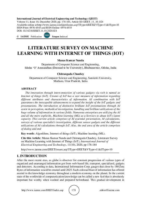 (PDF) LITERATURE SURVEY ON MACHINE LEARNING WITH INTERNET OF THINGS ...