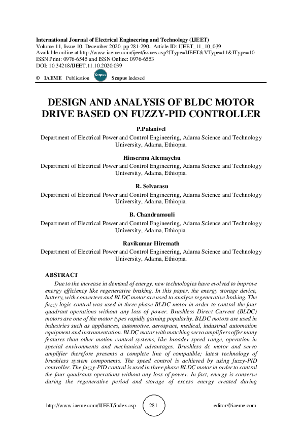 (PDF) Design and Analysis of BLDC Motor Drive Based on Fuzzy-Pid Controller