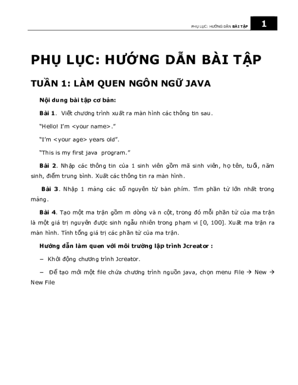 (PDF) PHỤ LỤC: HƯỚNG DẪN BÀI TẬP TUẦN 1: LÀM QUEN NGÔN NGỮ JAVA