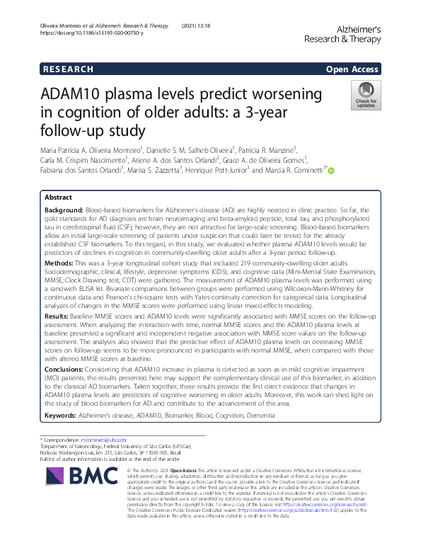 (PDF) ADAM10 plasma levels predict worsening in cognition of older ...