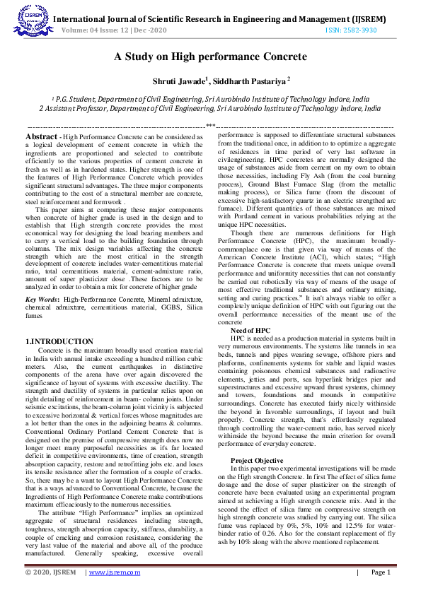 (PDF) A Study on High performance Concrete