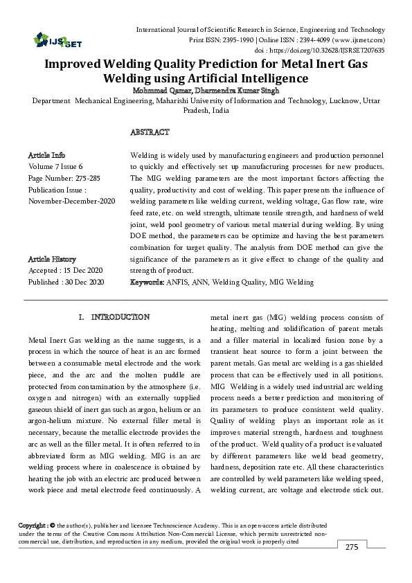 (PDF) Improved Welding Quality Prediction for Metal Inert Gas Welding ...