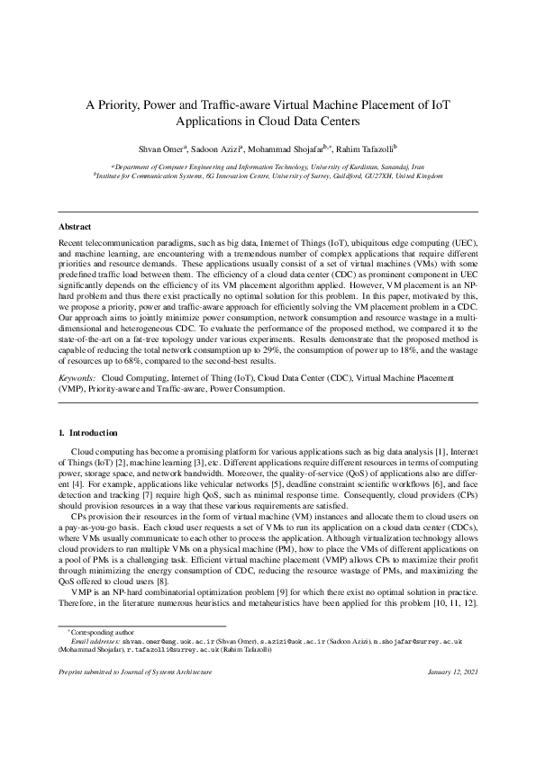 Pdf A Priority Power And Traffic Aware Virtual Machine Placement Of Iot Applications In Cloud 6509