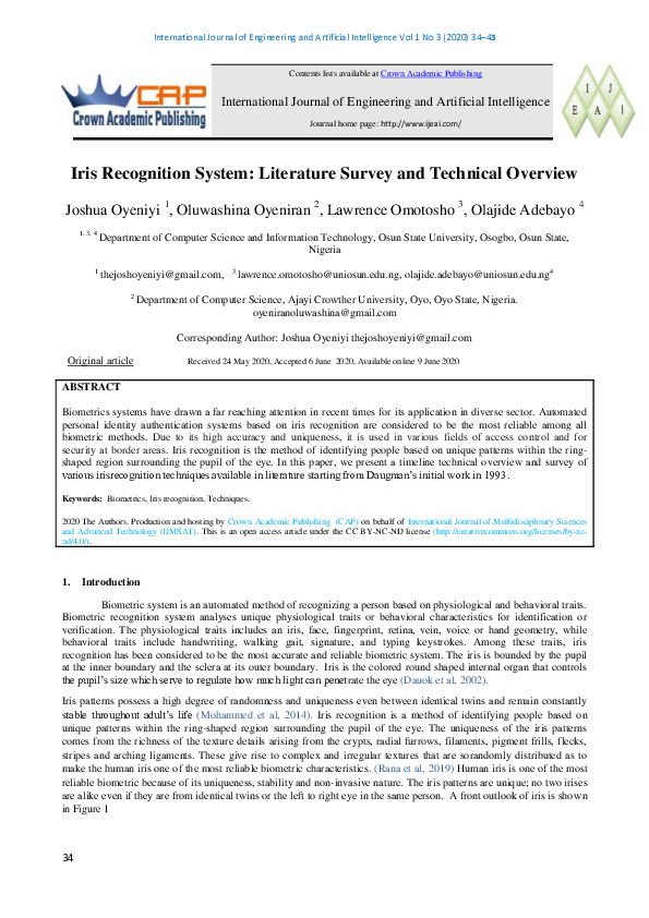 (PDF) Iris Recognition System: Literature Survey and Technical Overview