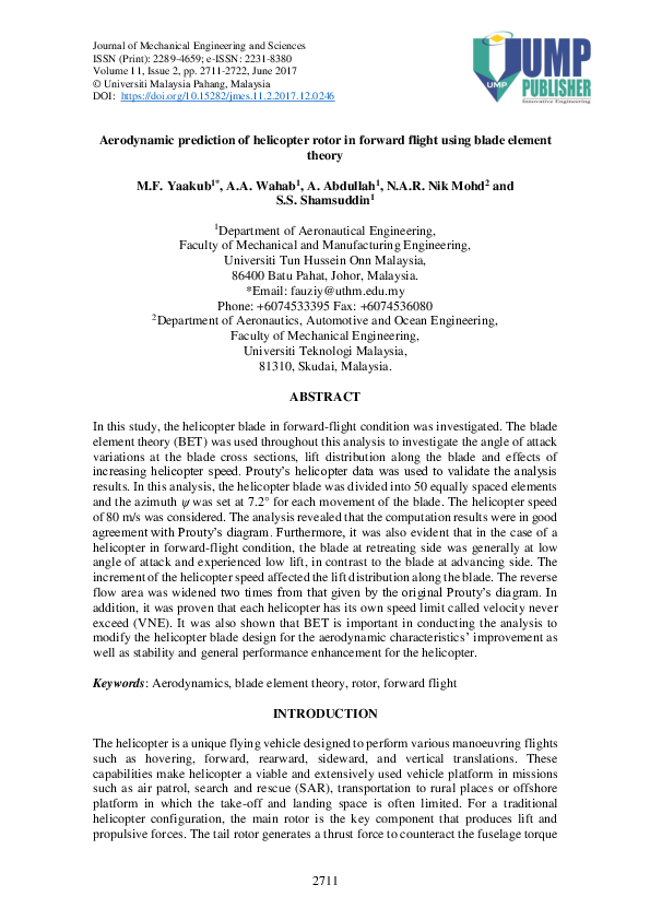 Pdf Aerodynamic Prediction Of Helicopter Rotor In Forward Flight Using Blade Element Theory