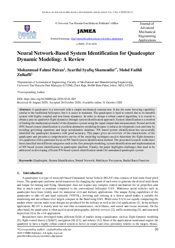 (PDF) Neural Network-Based System Identification for Quadcopter Dynamic Modeling: A Review
