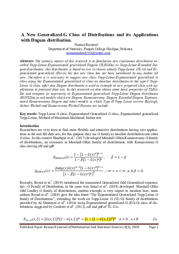 Pdf A New Generalized G Class Of Distributions And Its Applications With Dagum Distribution