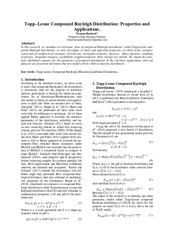 Pdf Topp Leone Compound Rayleigh Distribution Properties And Applications
