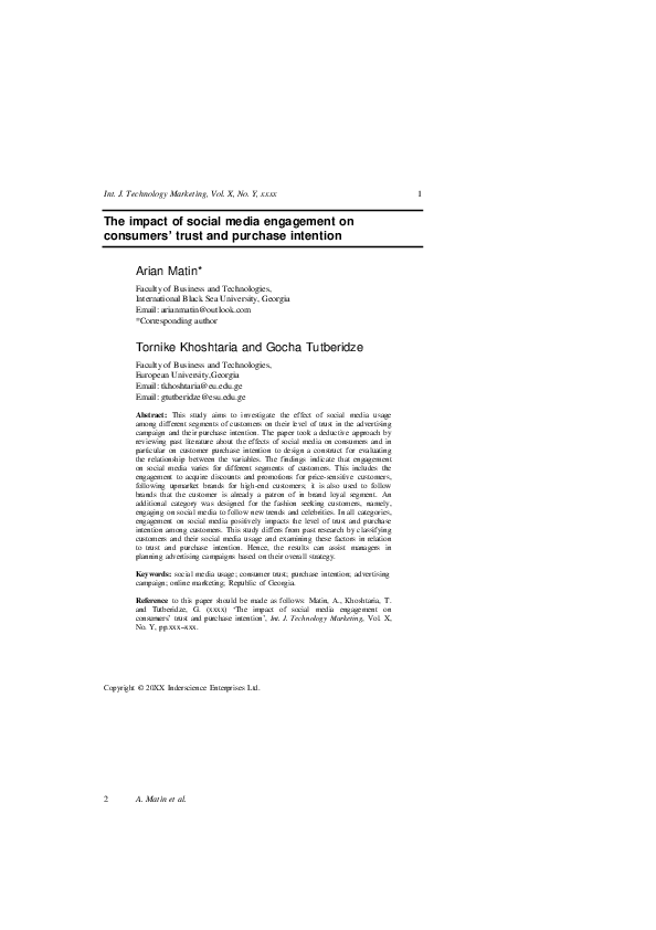 (PDF) The impact of social media engagement on consumers' trust and purchase intention