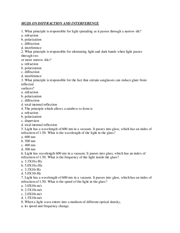 Pdf Mcqs On Diffraction And Interference