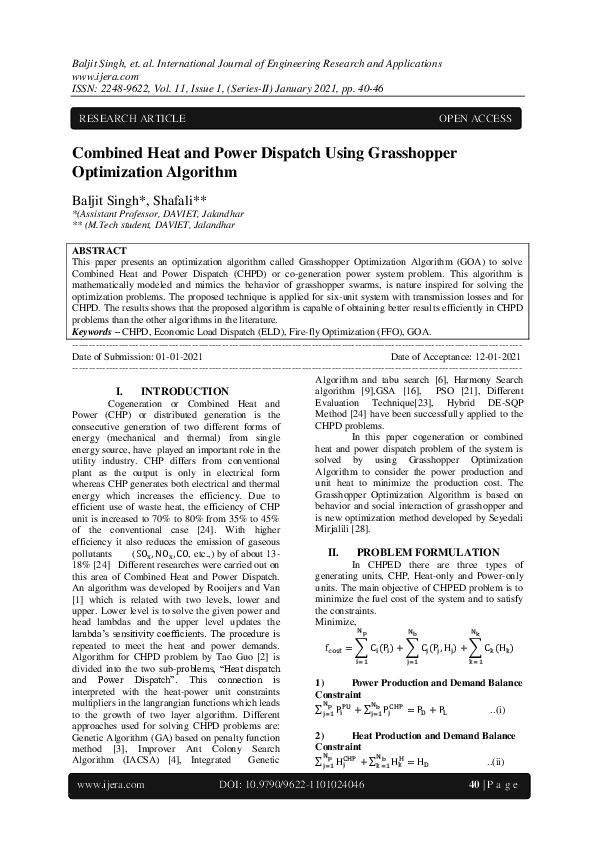 Pdf Combined Heat And Power Dispatch Using Grasshopper Optimization Algorithm