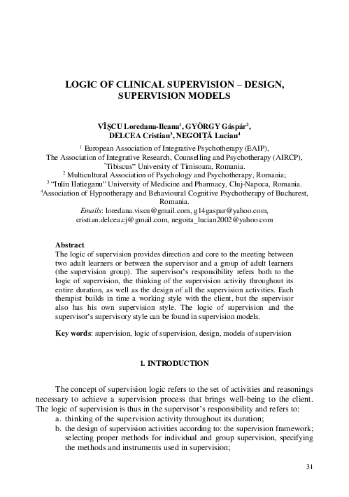 (PDF) LOGIC OF CLINICAL SUPERVISION -DESIGN, SUPERVISION MODELS