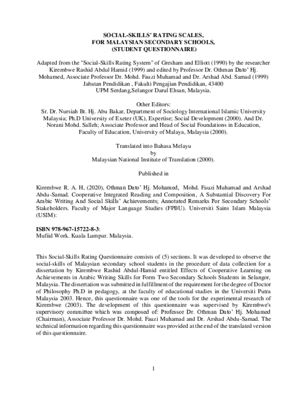 (PDF) SOCIAL-SKILLS' RATING SCALES, FOR MALAYSIAN SECONDARY SCHOOLS ...