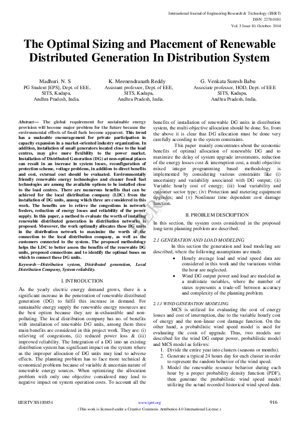 Pdf Ijert The Optimal Sizing And Placement Of Renewable Distributed Generation In Distribution