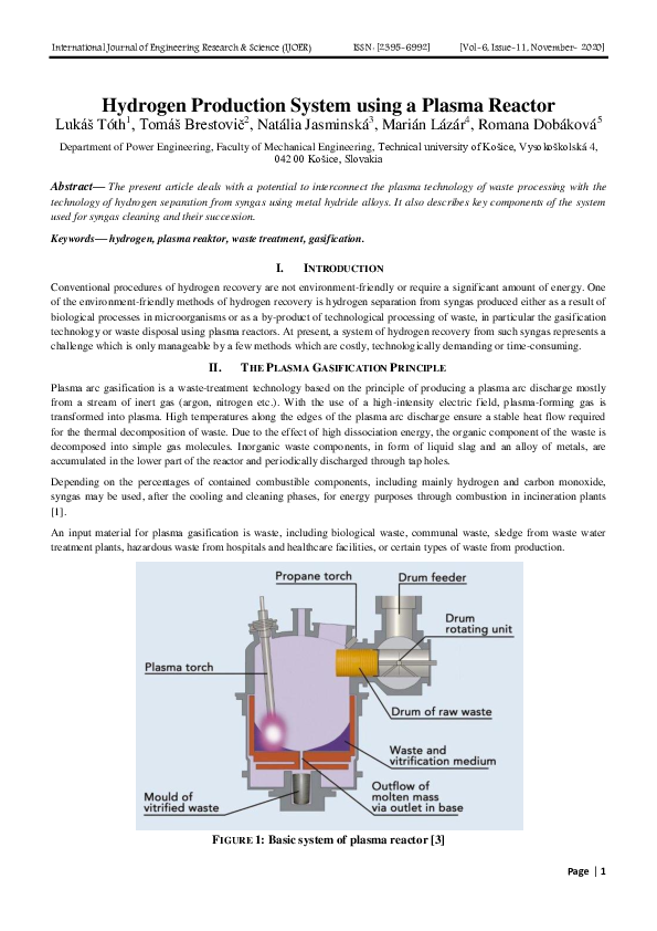 (PDF) Hydrogen Production System using a Plasma Reactor