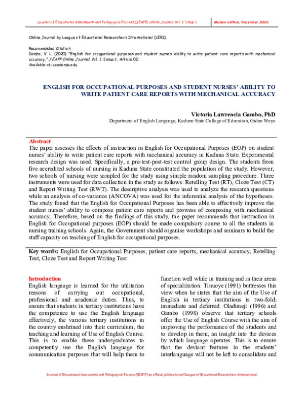 (PDF) ENGLISH FOR OCCUPATIONAL PURPOSES AND STUDENT NURSES' ABILITY TO ...