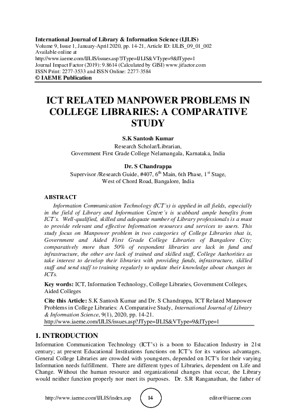 (PDF) ICT RELATED MANPOWER PROBLEMS IN COLLEGE LIBRARIES: A COMPARATIVE ...