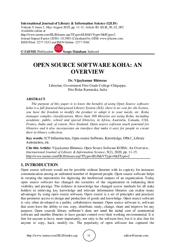 (PDF) Open Source Software KOHA: An Overview