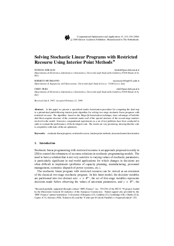 Pdf Solving Stochastic Linear Programs With Restricted Recourse Using Interior Point Methods