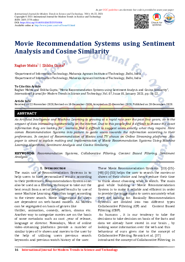 Pdf Movie Recommendation Systems Using Sentiment Analysis And Cosine Similarity