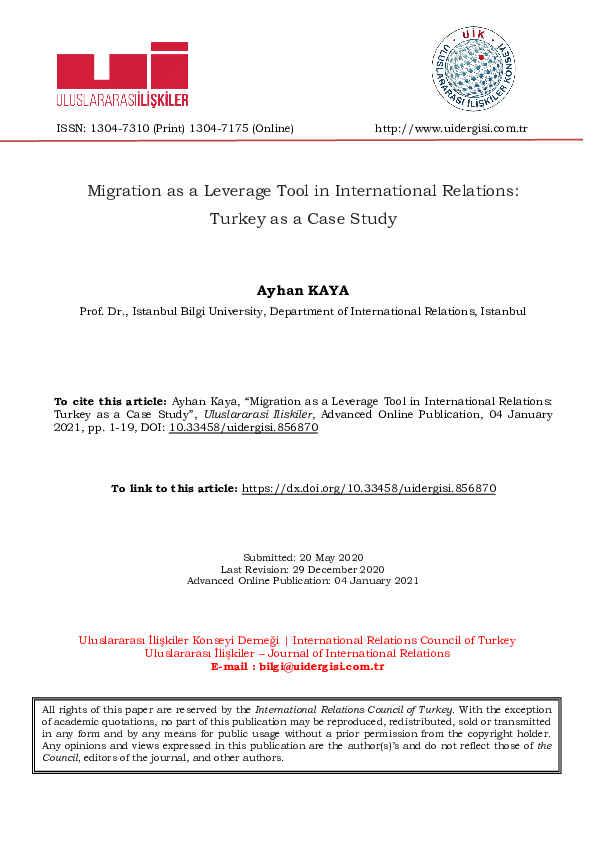 (PDF) Migration as a Leverage Tool in International Relations: Turkey ...