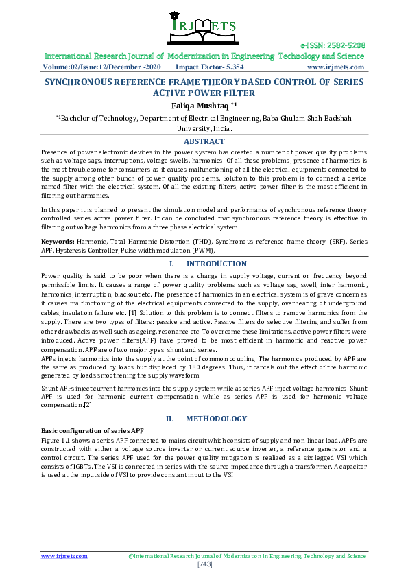 Pdf Synchronous Reference Frame Theory Based Control Of Series Active Power Filter 