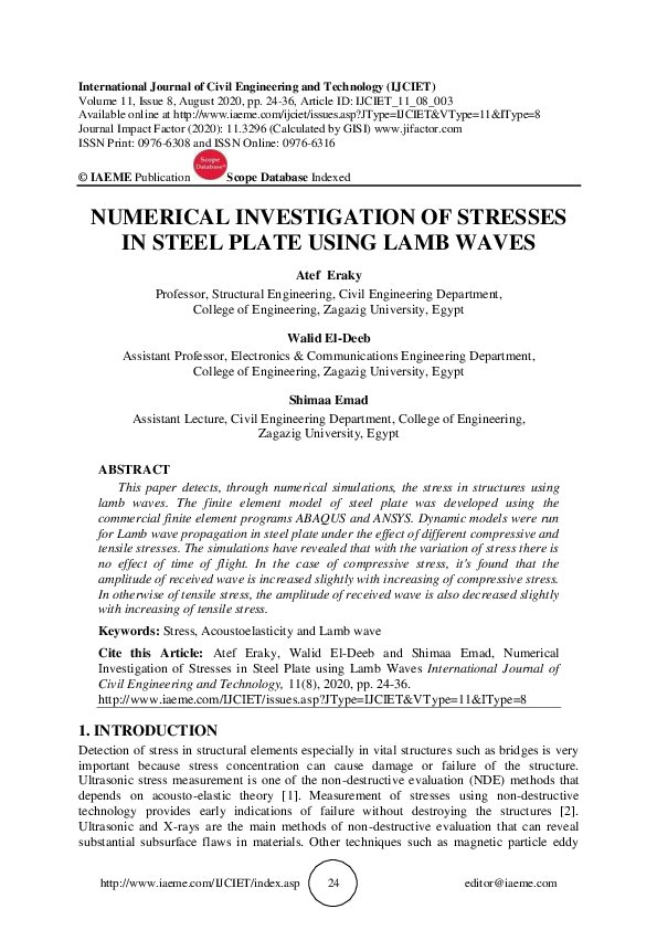 (PDF) Article ID: IJCIET_11_08_003 in Steel Plate using Lamb Waves