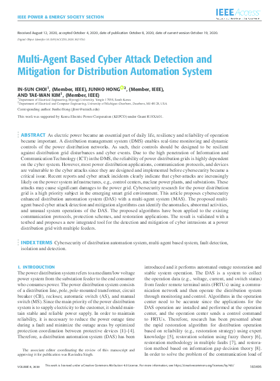 (PDF) Multi-Agent Based Cyber Attack Detection and Mitigation for Distribution Automation System